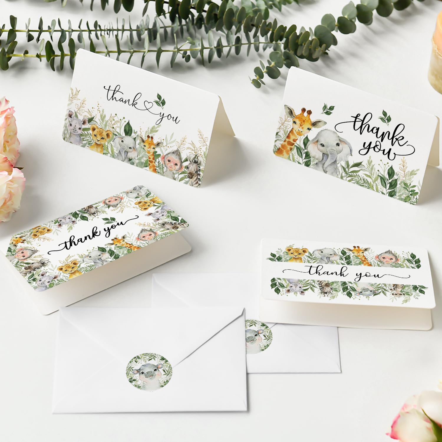 Artoid Mode 36 Pack Giraffe Elephant Thank You Cards Animal Greeting Cards Gift With Envelope Sticker Blank Note Cards for Birthday Wedding Baby Shower Bridal Shower, 4 x 6 Inch