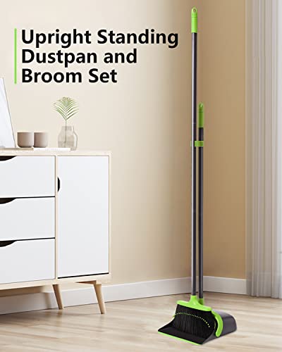 Broom and Dustpan,Indoor Broom and Dust Pans with Long Handle Up to 54 Inches,Broom and Dustpan Set for Home,Standing Upright Broom with Dustpan Combo Set for Kitchen Room Office Lobby Floor(Green)