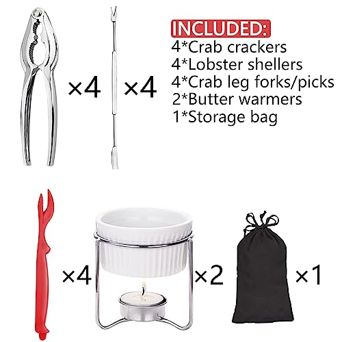 Butter Warmers for Seafood Set of 2, Crab Crackers and Tools Set with 4 Crab leg Crackers,4 Crab Forks,4 Lobster Shellers,2 Butter Warmers Crab Lobster Butter Ceramic Warmers Set for Seafood