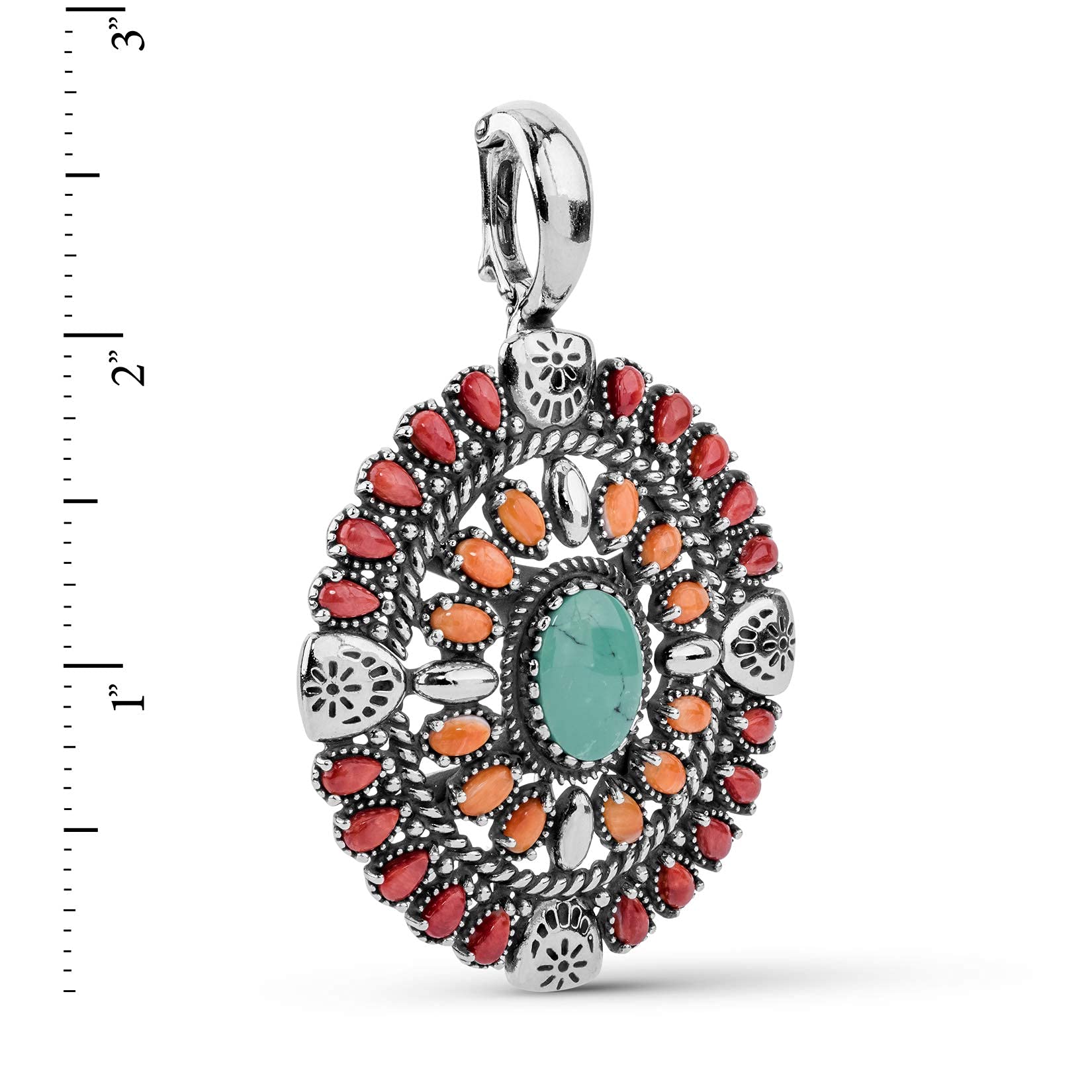 American West Sterling Silver Women’s Cluster Pendant Necklace Green Turquoise, Orange and Red Spiny Gemstone Beaded 17 Inch