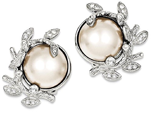 925 Sterling Silver Simulated Pearl Cubic Zirconia CZ Leaf Non Pierced Clip On Earrings