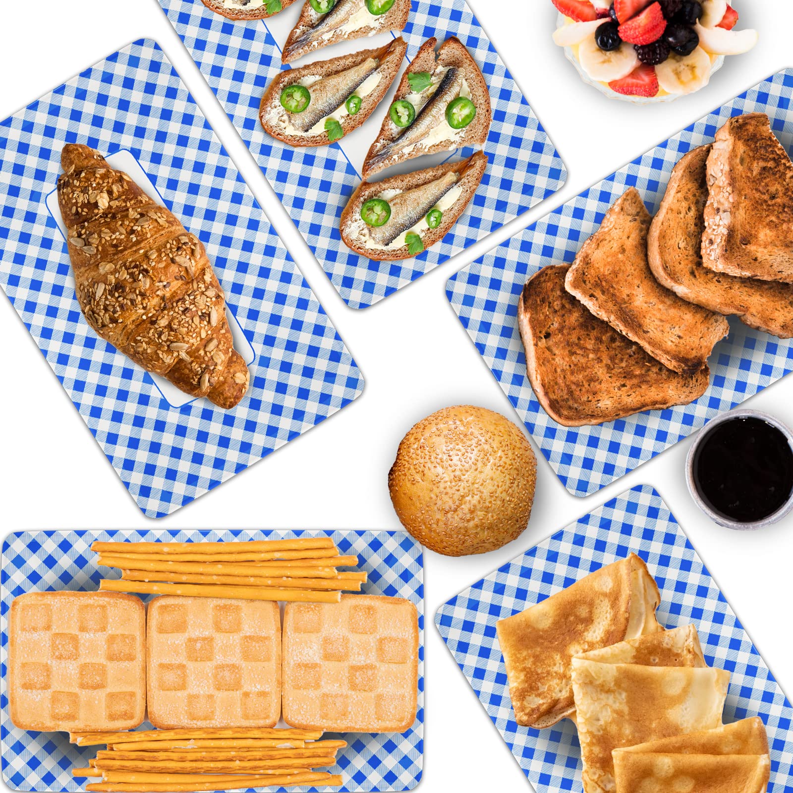 DYLIVeS Blue and White Buffalo Plaid Plates, 9.1 x 5.7 Inch Blue Checkered Disposable Paper Food Trays for Dessert Appetizers Snack Hotdog Rectangular Platters for Picnic, Graduation Party, 50 Pcs