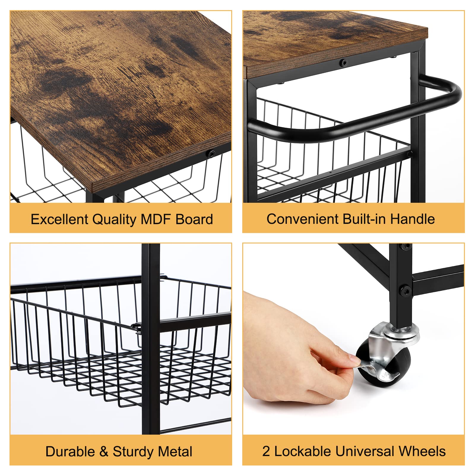smusei Kitchen Cart on Wheels 4 Tier Metal Moveable Kitchen Cart with Storage Rolling Utility Storage Cart with Pull Out Baskets for Home, Bathroom, Pantry