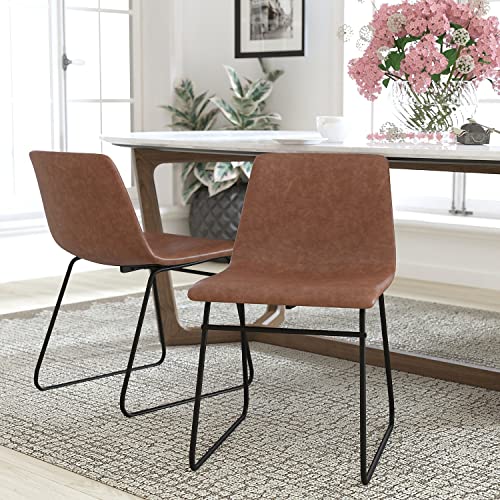 Flash Furniture Butler 18 Inch Commercial Grade LeatherSoft Dining Table Height Chair, Mid-Back Black Sled Base with Light Brown LeatherSoft Upholstery, Set of 2