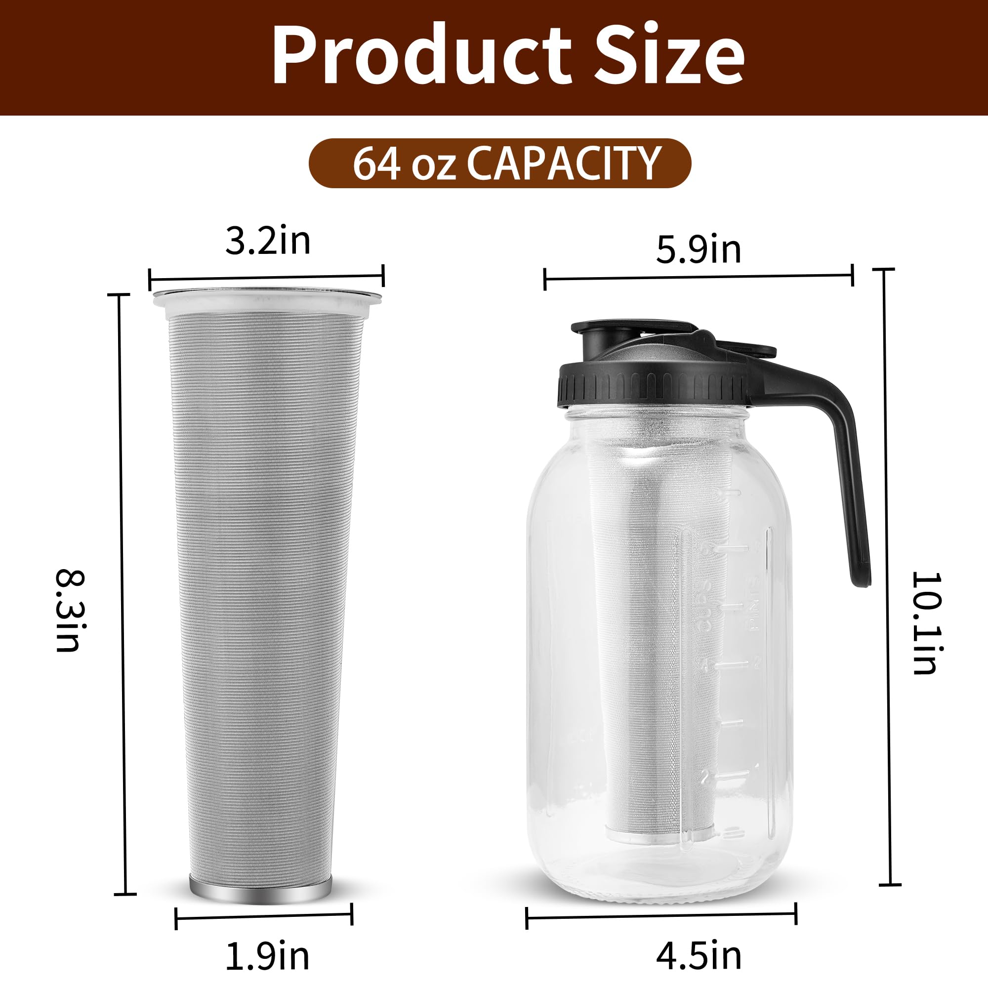 Behidiruch Cold Brew Coffee Maker Pitcher, 64 oz Iced Coffee Maker with Stainless Steel Filter and Pour Spout Handle Lid, Wide Mouth Thick Glass Mason Jar for Iced Coffee, Lemonade, Fruit Drinks