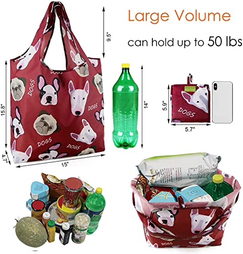 BeeGreen Reusable Grocery Bags Foldable 6 Pack Shopping Bags Large 50LBS Cute Groceries Bags w Pouch Bulk Ripstop Watertight Machine Washable Nylon Compact Elephant Hedgehog Cat Turtle Dog Penguin