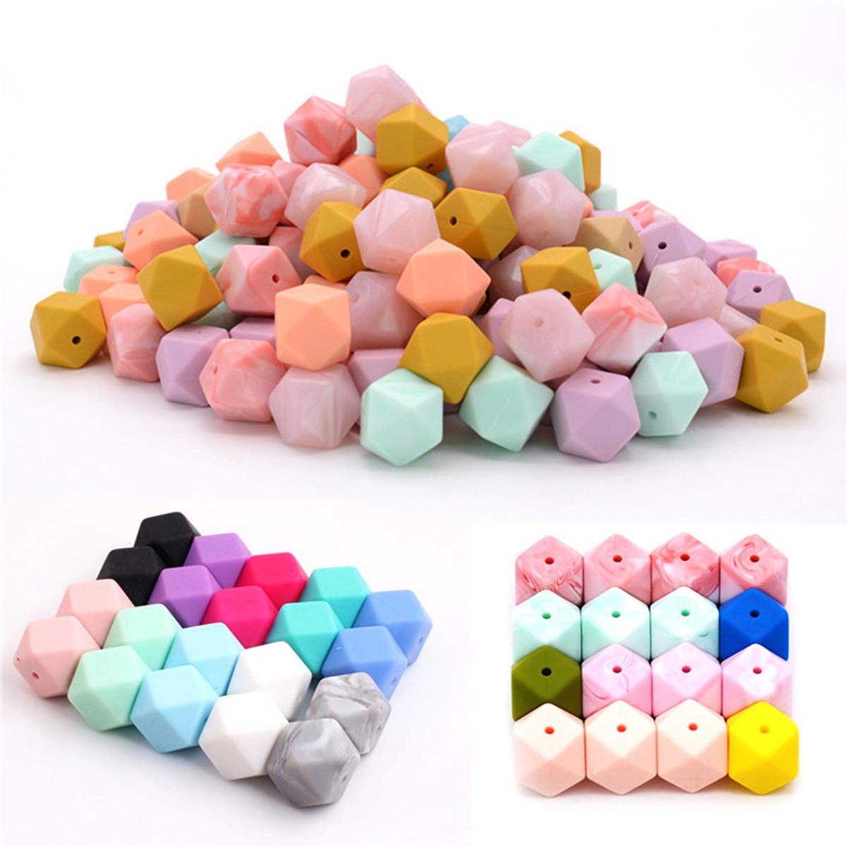Alenybeby 17mm Silicone Hexagon Beads DIY Silicone Pearl Beads for Jewelry Geometric Hexagon Shaped Beads Mom Necklace Making Accessory (Mix Color 30pcs)