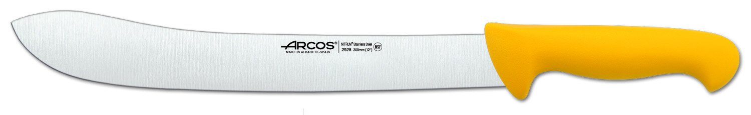 Arcos Butcher Knife 12 Inch Nitrum Stainless Steel and 300 mm blade. Professional Cooking Knife For Cutting Meat, Fish and Vegetables. Ergonomic Polyoxymethylene Handle. Series 2900. Color Yellow