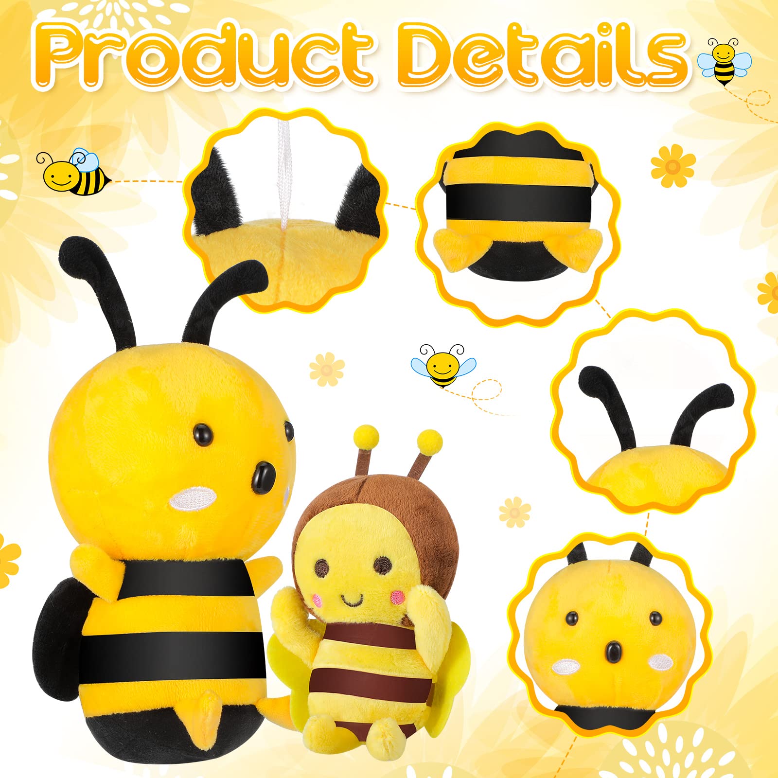 Jerify 6 Pieces Bee Plush Toy Bee Stuffed Animal, Yellow Bees Plushie Cuddly Large Soft Bee Pillow for Christmas Thanksgiving Birthday Bee Themed Party Gift, 8 Inches and 4.7 Inches