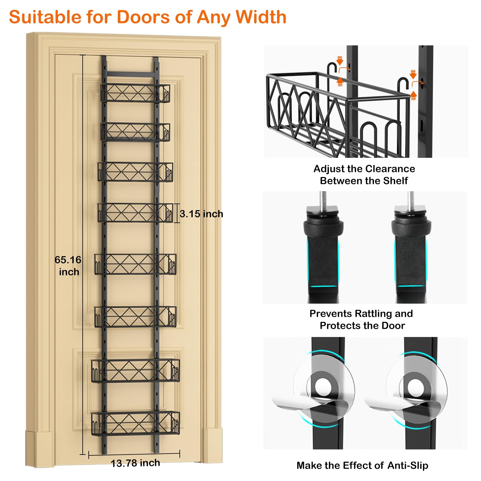 Over the Door Pantry Organizer 8-Tier Adjustable Baskets Hanging Spice Door Rack Narrow - 13.78" W x 65.16" H Behind the Door Storage for Kitchen, Bathroom, and Closet Organization- Black