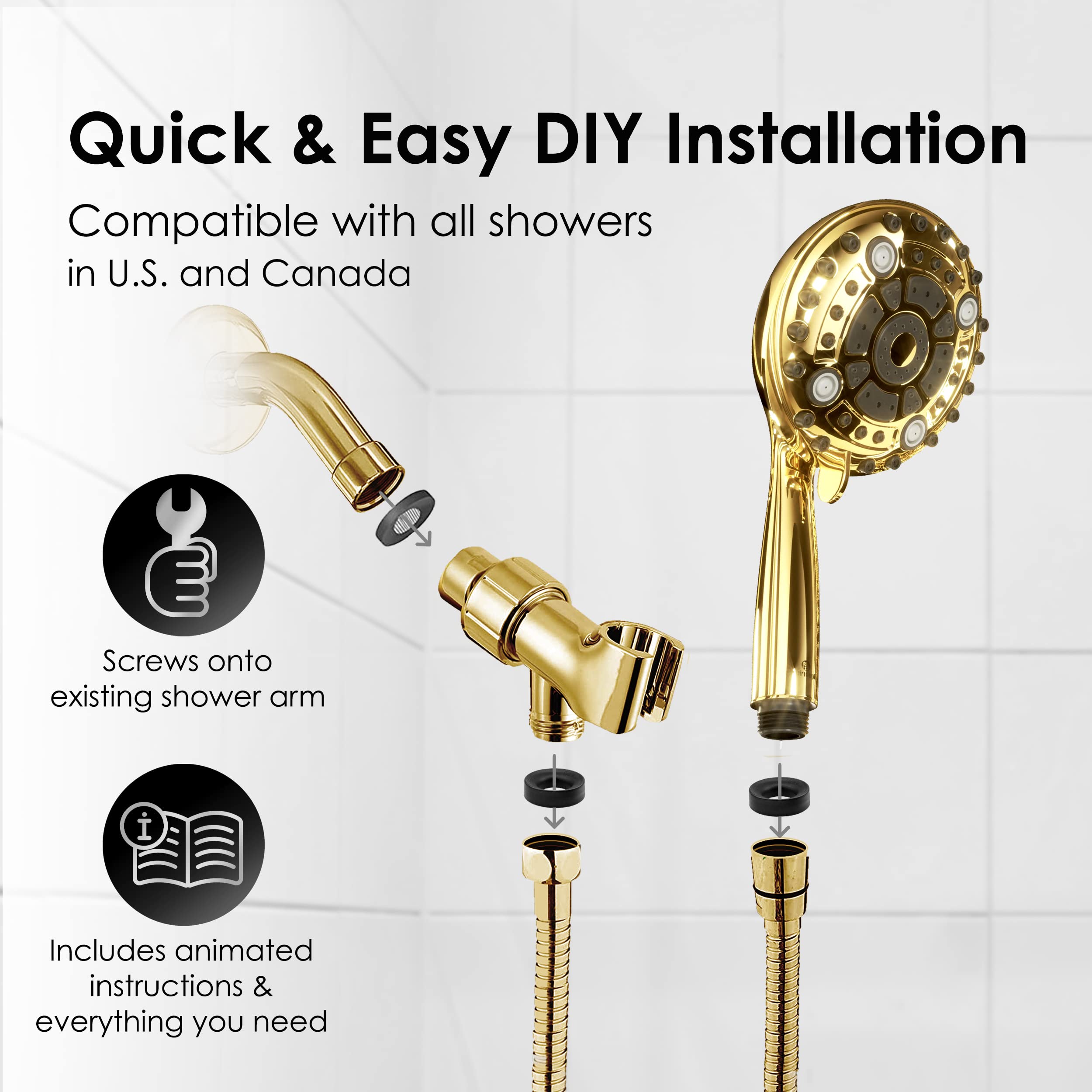 Aquarius Mist Handheld Gold Shower Head With Hose (Extra Long) Spa Grade High Pressure Hand Held Showerhead Wand With 6 Spray Settings β Adjustable Mount Holder & Teflon Tape - Polished Brass