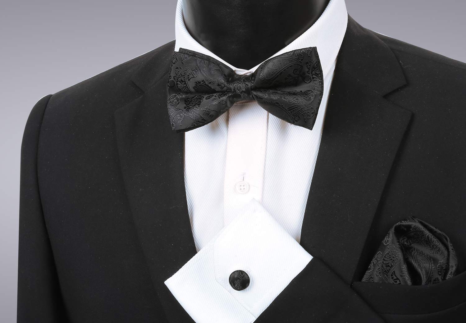 Alizeal Mens Paisley Bow Tie, Pocket Square, Cufflinks Set (Black)