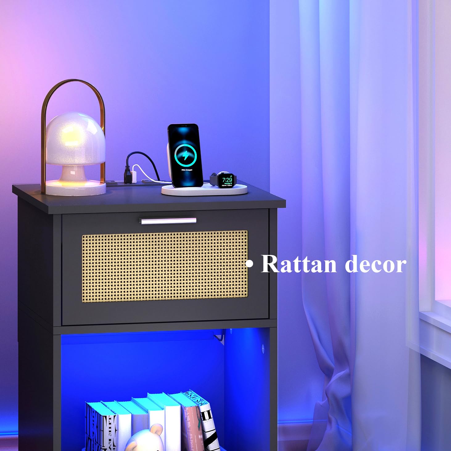 LAATOOREE Rattan Nightstand with Charging Station and LED Light, Bedside Table with Rattan Door, Boho Side End Table with Open Storage for Bedroom