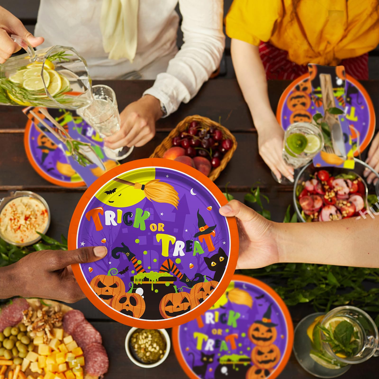 Halloween Party Supplies Kit Serve 50,Halloween Witch Pumpkin Design Includes Disposable Dinner Plates, Dessert Plates and Napkins, Halloween Birthday Party Decorations