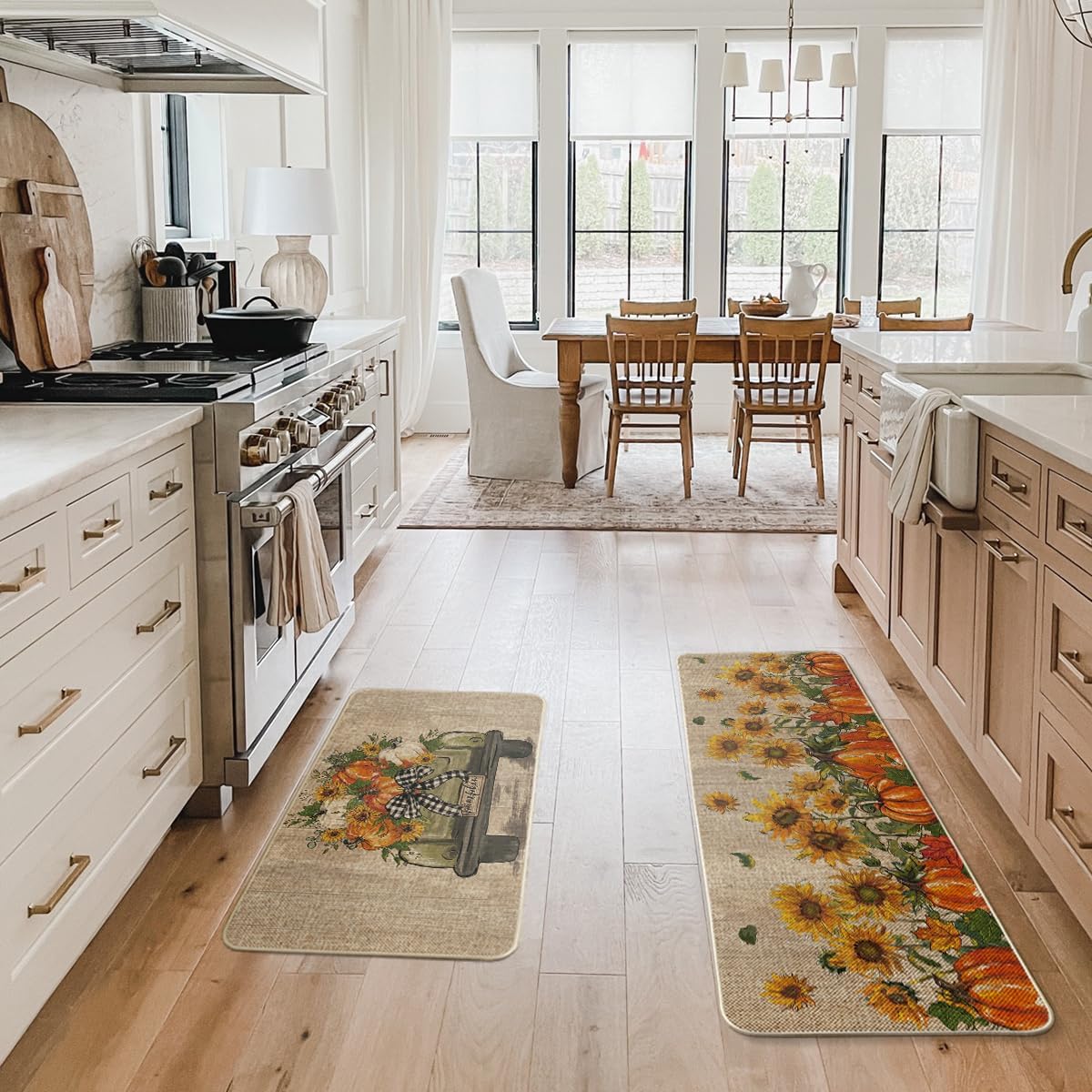 Artoid Mode Truck Pumpkin Sunflowers Fall Kitchen Mats Set of 2, Autumn Home Decor Low-Profile Kitchen Rugs for Floor - 17x29 and 17x47 Inch