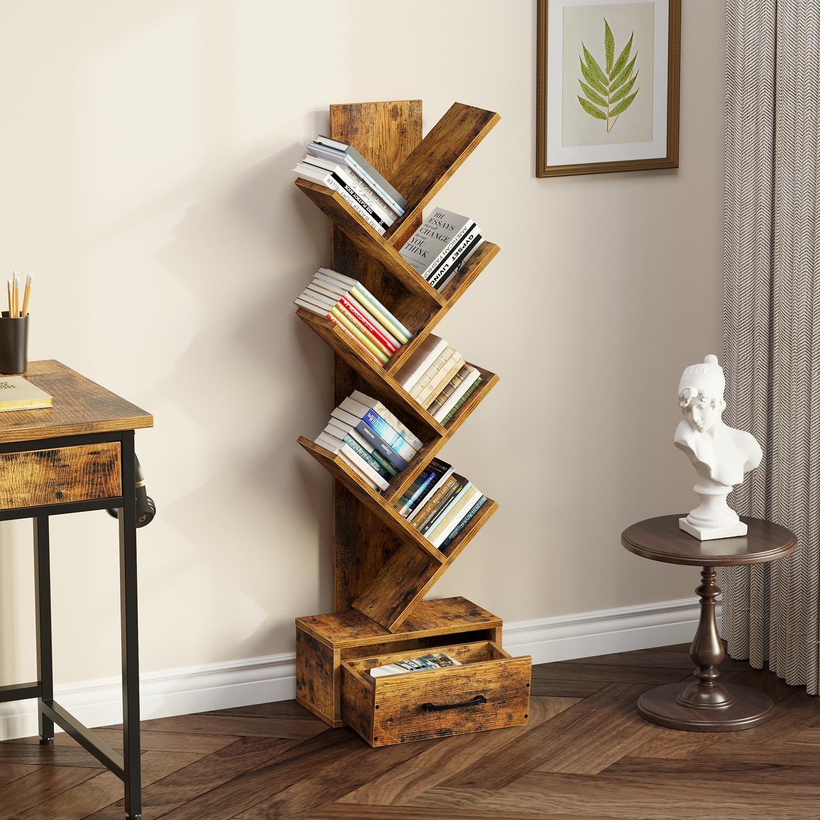 Rolanstar Bookshelf with Wooden Drawer, 7 Shelf Tree Bookshelf, Modern Book Storage, Free Standing Tree Bookcase, Utility Organizer Shelves for Home Office, Living Room, Bedroom, Rustic Brown