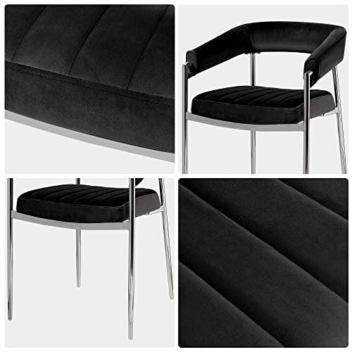 Bekrvio Dining Chairs Set of 2 Kitchen Dining Room Chairs with Arms and U-Shape Backrest, Mid Century Modern Living Room Accent Chair, Velvet Upholstered Kitchen Chairs with Metal Chrome Legs, Black