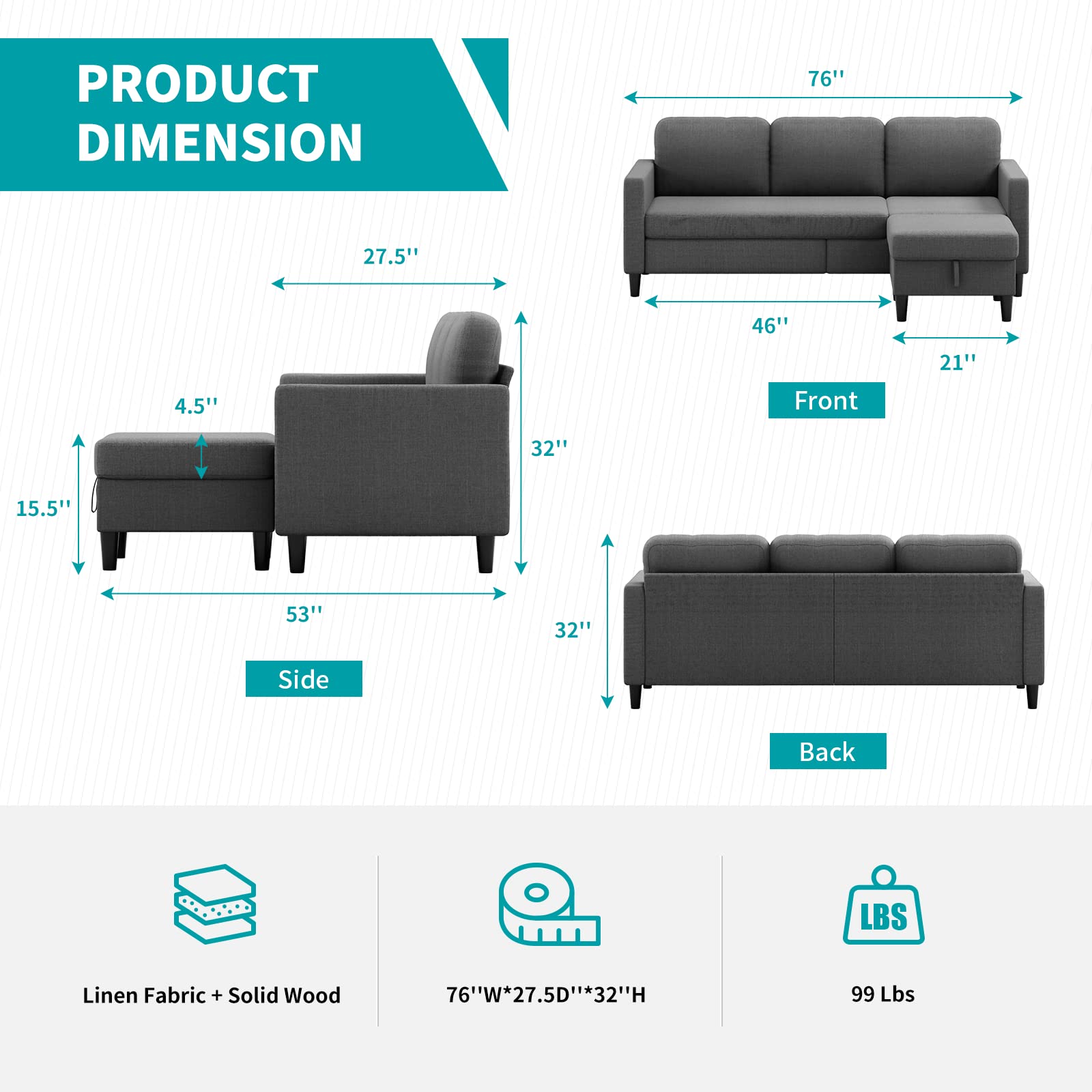 BALUS Sillones para Sala Convertible Sectional Sofa Couch,3-seat L-Shaped,Reversible Modern Couch with Movable Storage Ottoman Chaise, Free Combination Sofa for Living Room and Office(Dark Gray)