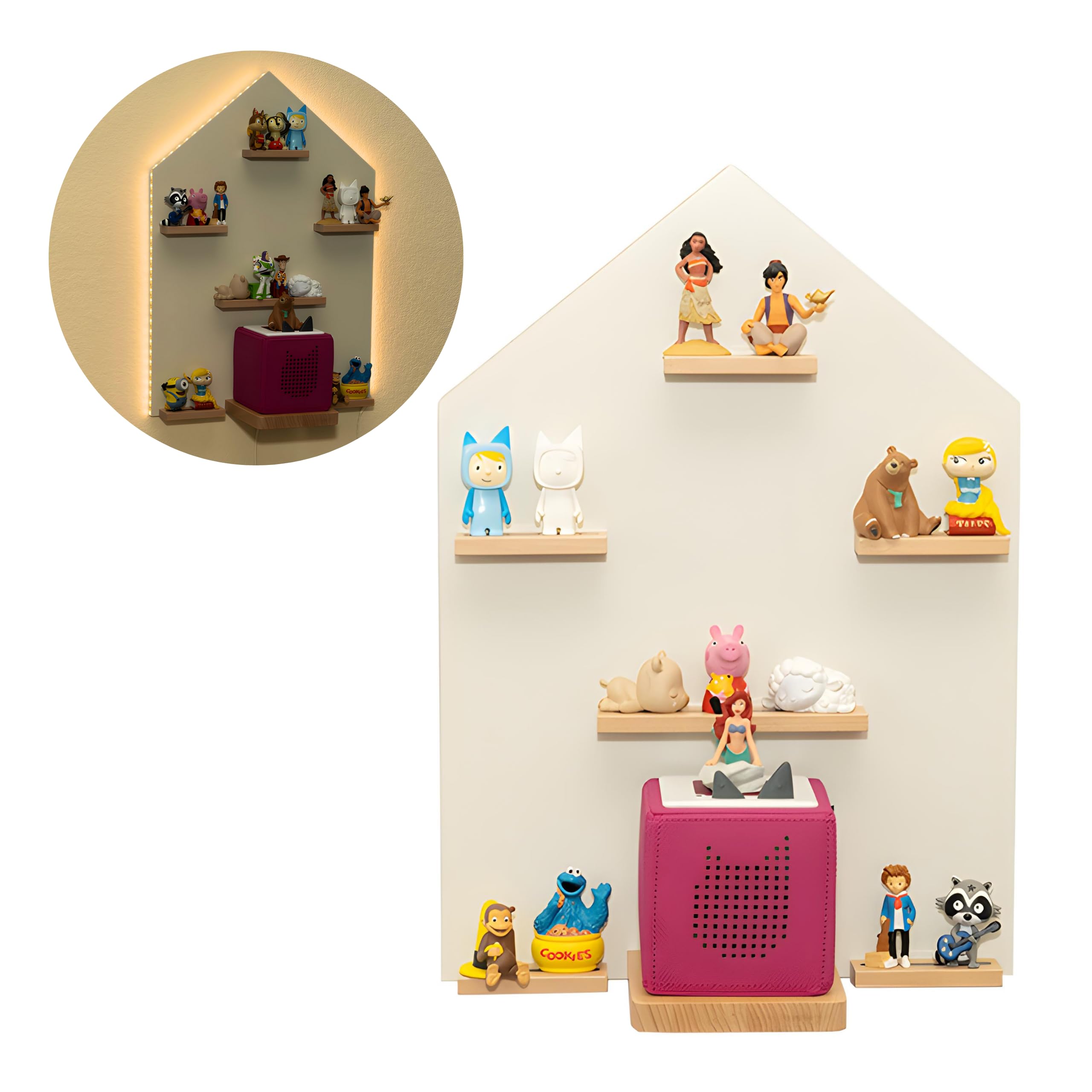 BigStep Large LED Magnetic Shelf Compatible with Toniebox, Tonies Figures, Tonies Characters and Other Tonies Accessories - Use as Wall Shelf or Free Standing - Integrated Warm-White LED Strip