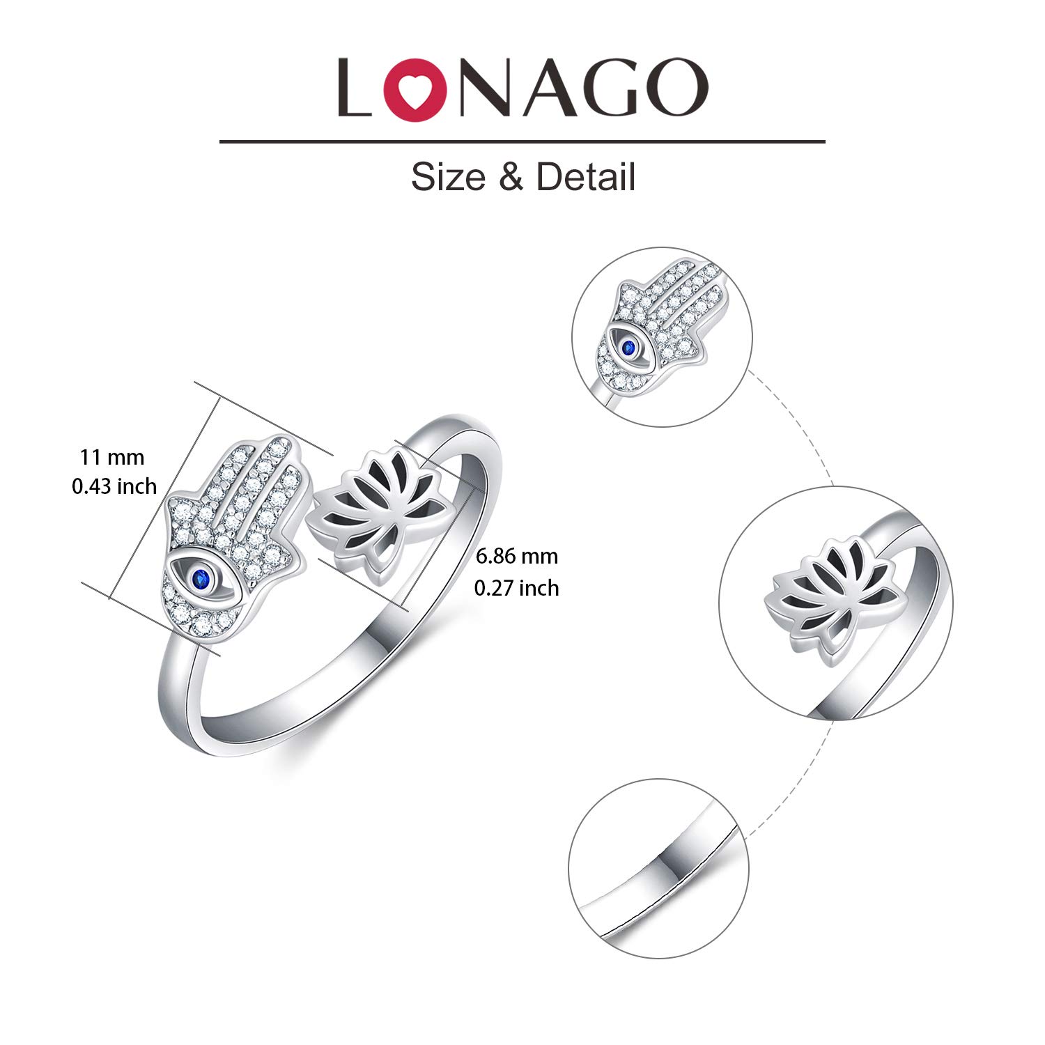 925 Sterling Silver Hamsa Hand of Fatima & Lotus Ring Evil Eye Adjustable Open Ring Jewelry Gift for Women (10)