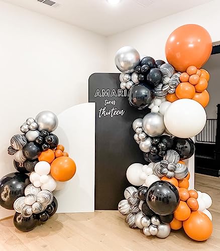 Bonropin 160Pcs Halloween Balloon Garland Arch kit with Black White Orange Silver Agate Balloons for Halloween Day Party Background Decorations