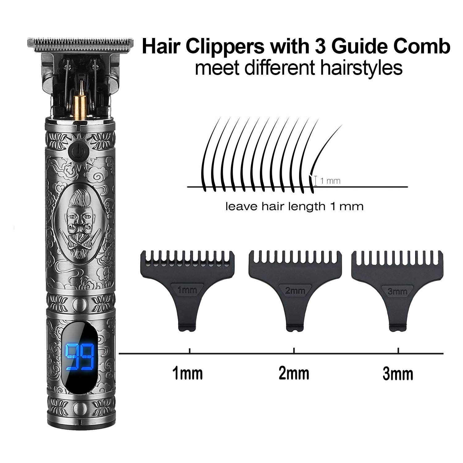 Suttik Hair Trimmer for Men, Professional Hair Clippers for Barber, Beard Trimmer for Men, Cordless Edgers Clippers, Ornate Knight T-Blade Close Cutting Trimmer with LCD, Gray
