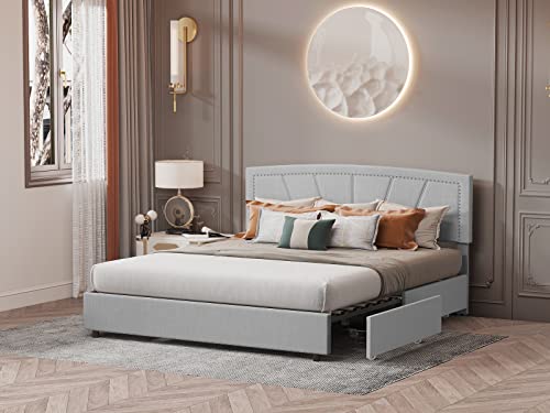 BONSOIR Queen Size Storage Bed Frame Upholstered Low Profile Traditional Platform with Tufted and Nail Headboard/No Box Spring Needed/4 Pull Out Drawers/Light Grey Linen Fabric (Queen Size)