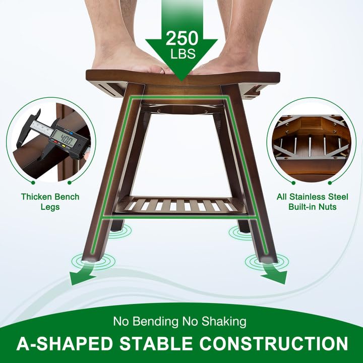 ETECHMART Bamboo Shower Bench, A-Shaped Spa Seat with Storage Shelf for Shaving, Waterproof Shower Chair for Seniors, Adults, and Disabled