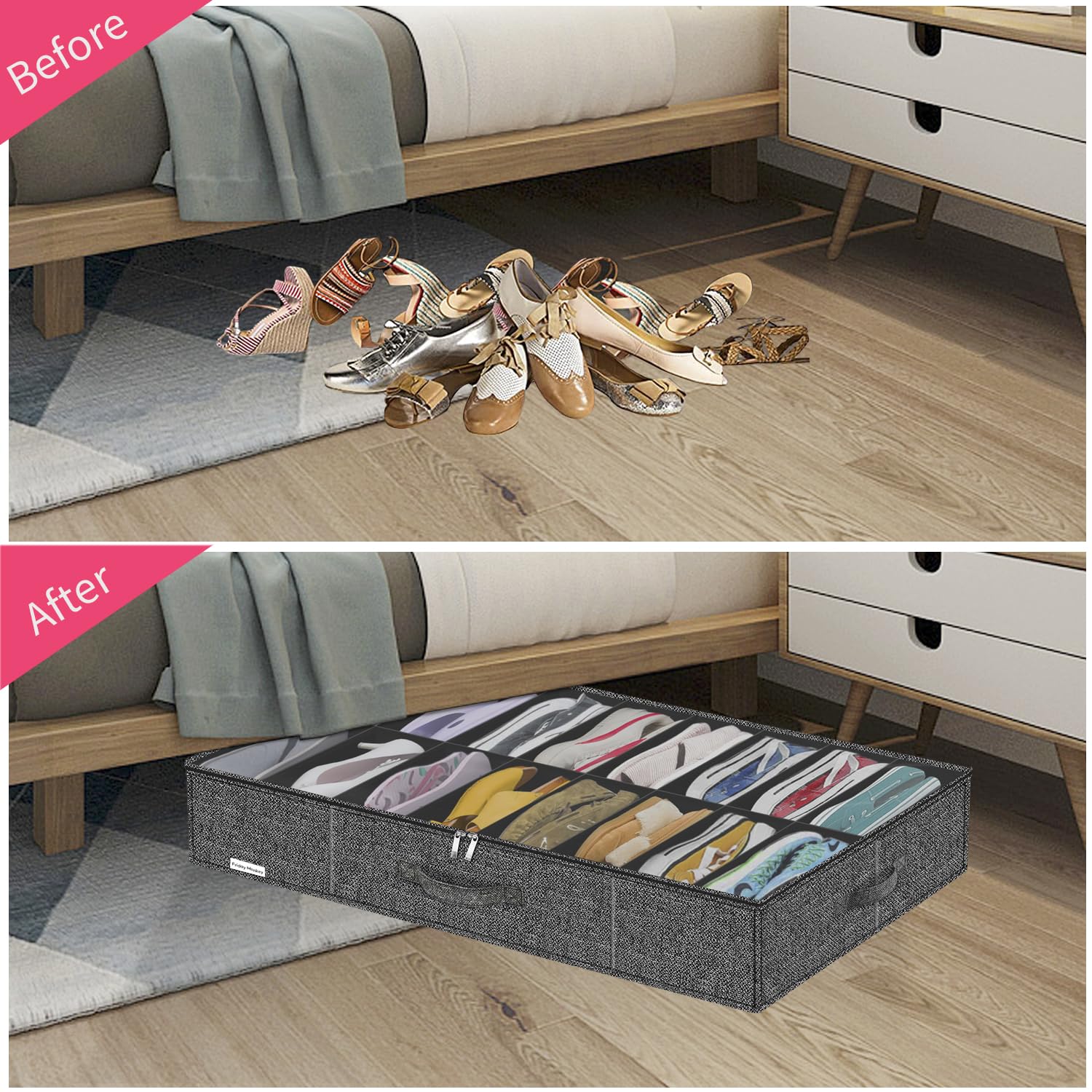 Friday Monkey Large Sturdy Thicken Shoe Storage Box, Clear Shoe Organizer for Closet Underbed, Folding Shoe Rack Sneaker Bin Holder Container Display Case, 16x2 Pairs, Linen-like Black, ZMXAUBS16P2