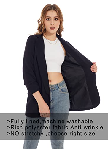 Black Blazers for Women Business Casual Lined Summer Blazer for Women Lightweight Ruched 3/4 Sleeve Open Front Work Office Light Fitted Suit Blazer(L)