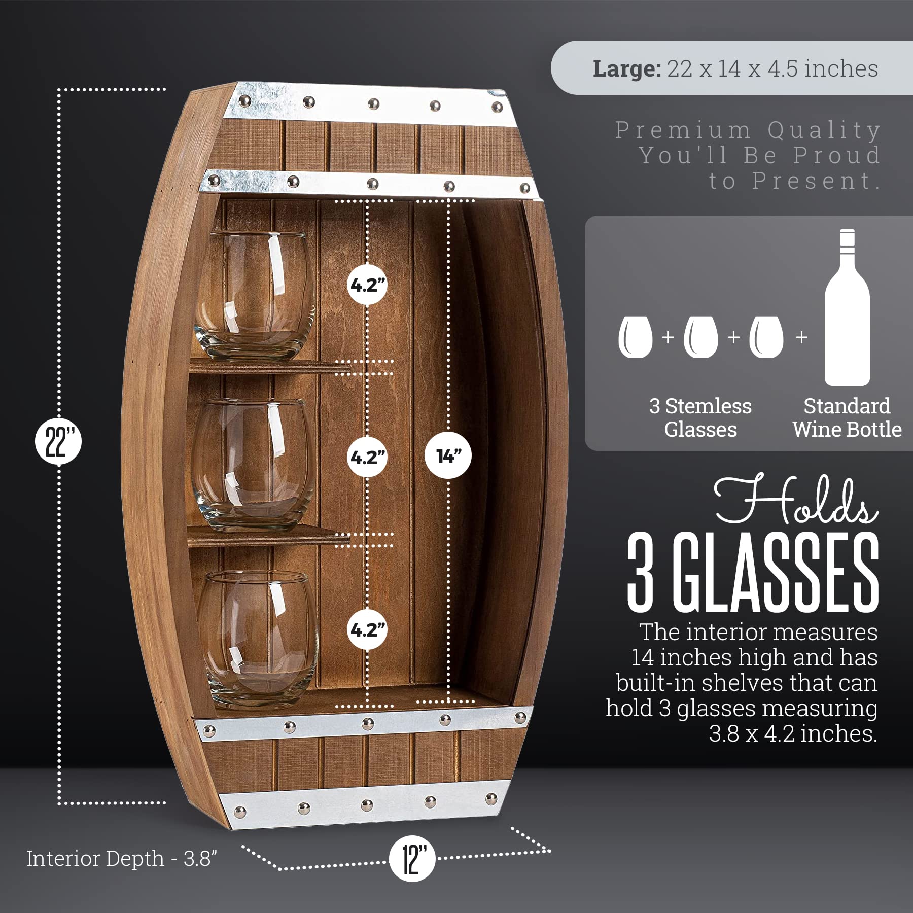 Wooden Wine Barrel Display - Pinewood Display Case with Sliding Cover Ideal for Wine Whiskey Scotch & More - 3 Built-In Shelves for Stemless Wine or Rocks Glasses, A Gift for Wedding or Any Occasion