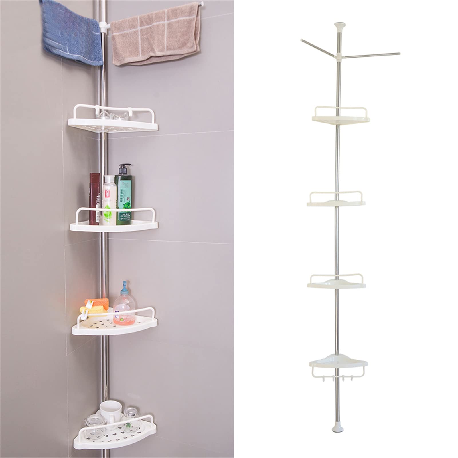 GDNTMU 4 Tier Bathroom Corner Shower shelf Tension Pole Rust Proof Telescopic Rod Storage Rack Organizer Corner Shower Organizer