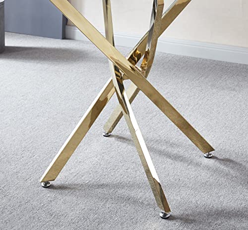 Binrrio 39" Round Dining Table, Modern Clear Beveled Edges Glass Top for 4 with Adjustable Stainless Steel Legs for Home Office Kitchen Dining Room (Gold)