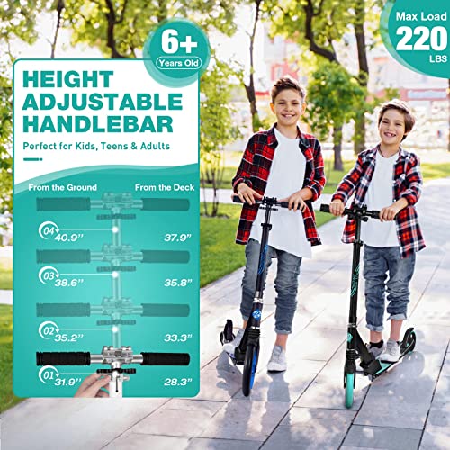BELEEV V5 Scooters for Kids 6 Years and up, Folding Kick Scooter 2 Wheel for Adults Teens, 4 Adjustable Handlebar, 200mm Big Wheels, Lightweight Sports Commuter Scooter, up to 220lbs(Auqa)