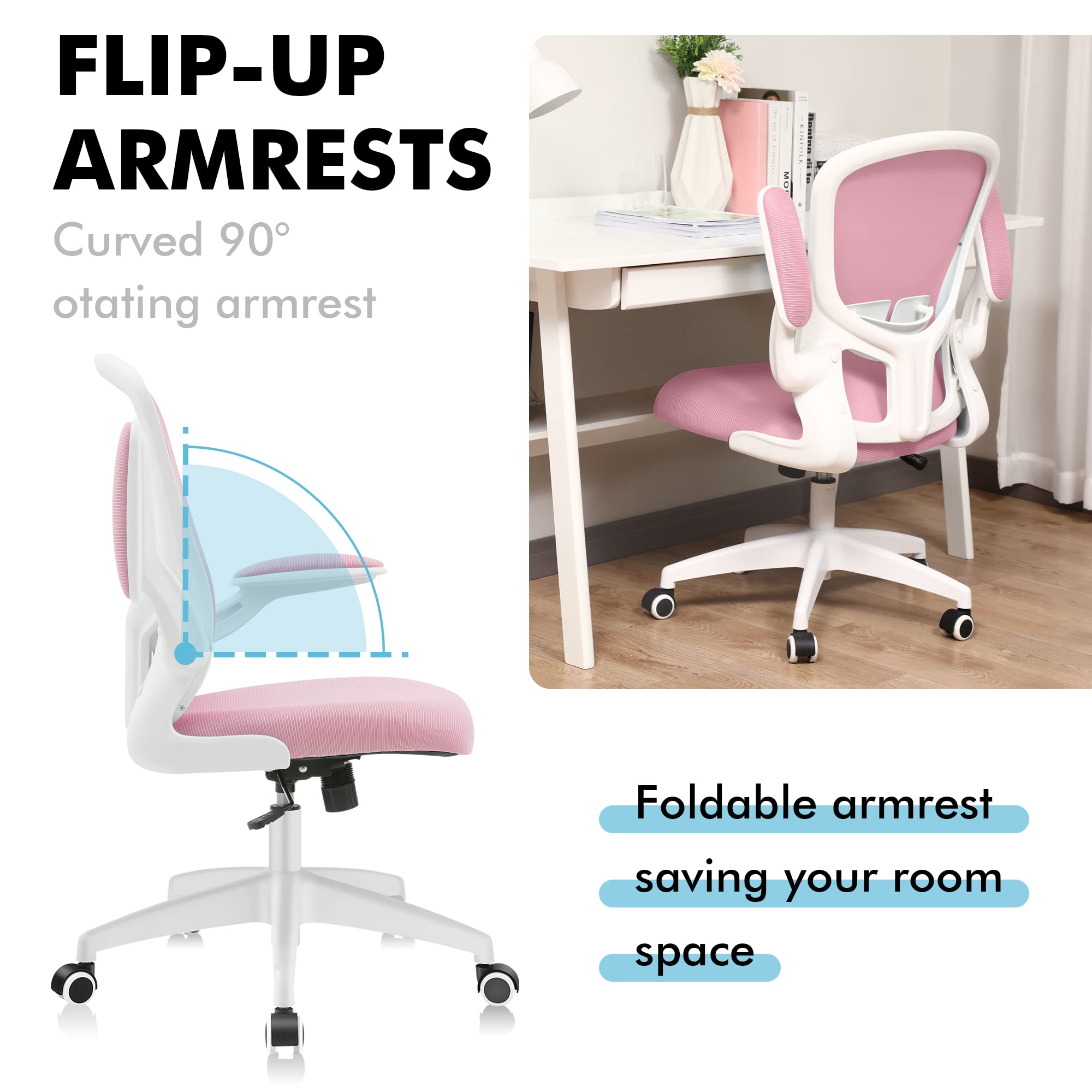 FelixKing Office Desk Chairs, Ergonomic PC Desk Chair with Wheels, Adjustable Lumbar Support and Height, Swivel Computer Chair with Flip-up Armrests, Ergo Mesh Backrest for Working (Pink)