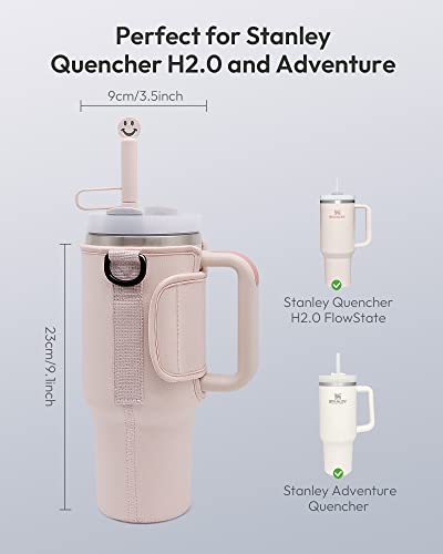 BILTRTE Water Bottle Carrier Bag Compatible with Stanley 40oz Tumbler with Handle, Water Bottle Holder with Adjustable Shoulder Strap for Hiking Travelling Camping (Rose Quartz, 40oz)