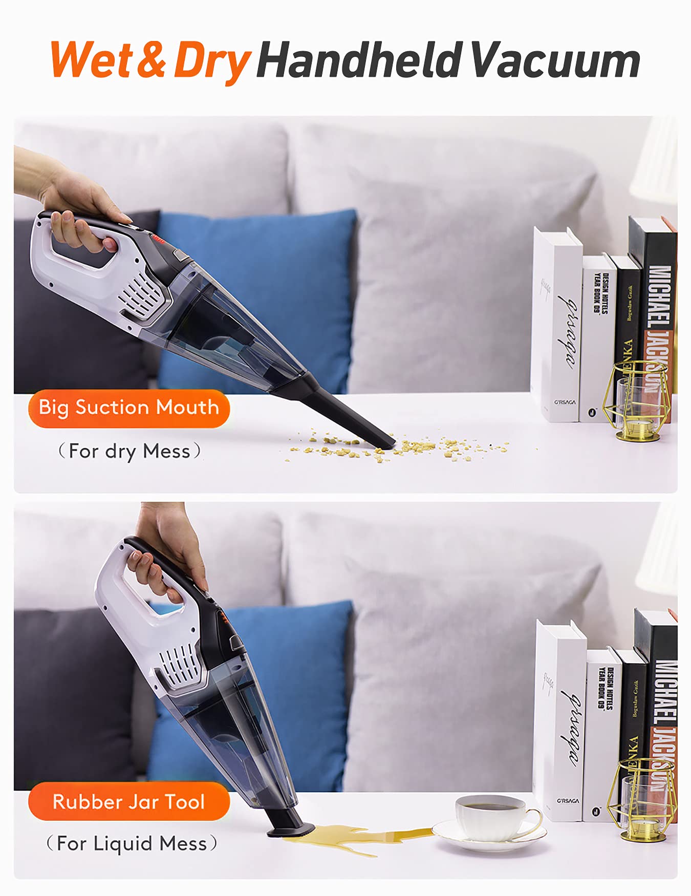 Handheld Vacuum Cordless Rechargeable, 8500Pa Powerful Handheld Vacuum Cleaner for Wet&Dry Use, Portable Handheld Vacuum Cleaner for Car/Home/Pet Hair Cleanup, Vac with Charging Dock&2 HEPA Filters