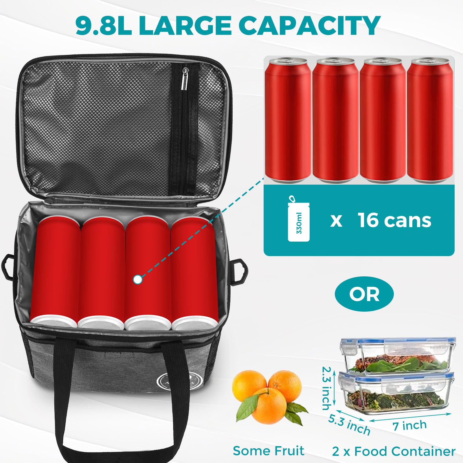 AURUZA Insulated Lunch Bag, Black, Unisex, 10.24" x 7.09" x 8.27", 9.8L Capacity, Waterproof, Portable Design