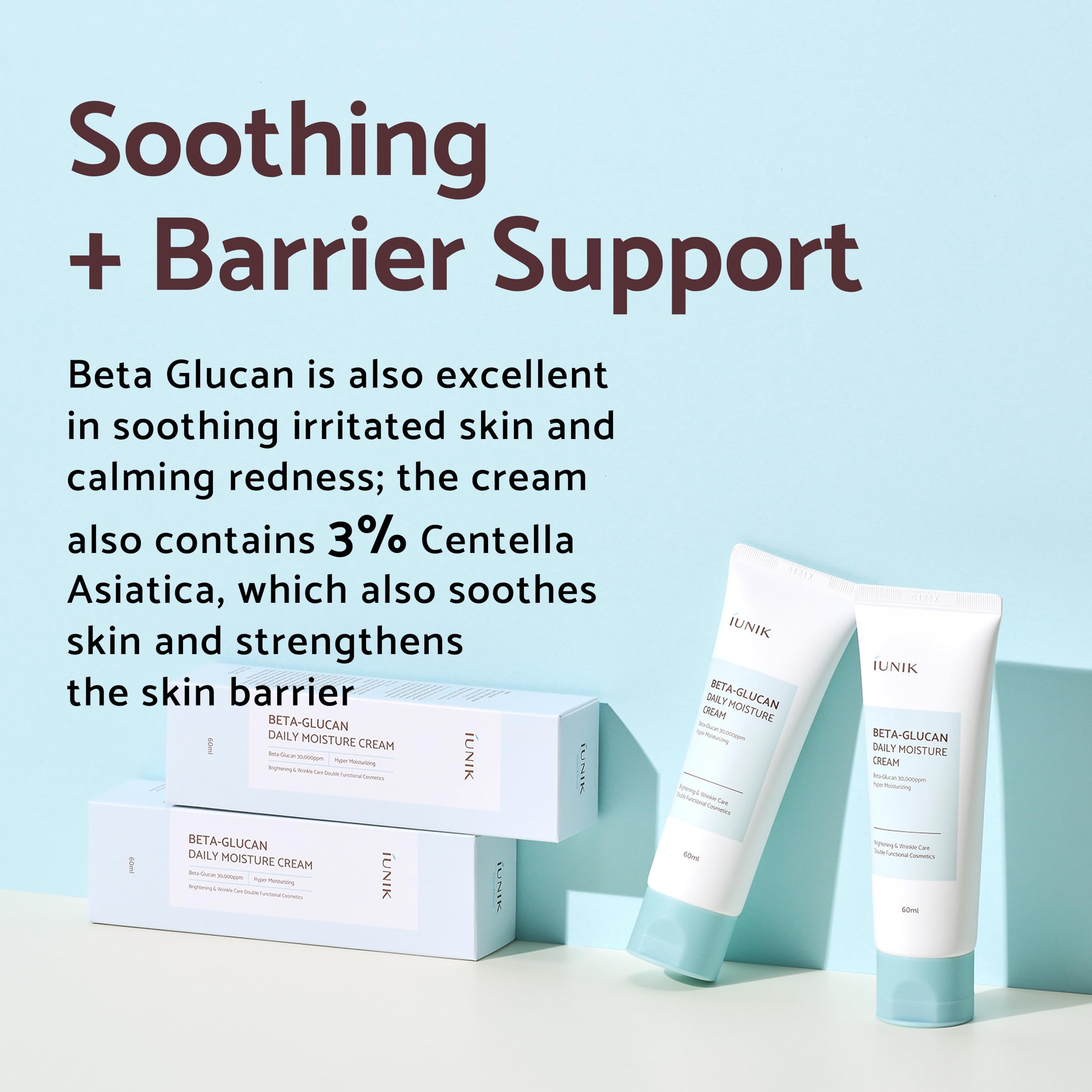 IUNIK Beta-Glucan Vegan Lightweight Non-Sticky Deep Moisture Watery Cream Lotion Daily Moisturizer Quick Absorption Dry Mature Sensitive Fine lines Skin Naturally-Derived Centella Vitamin Korean