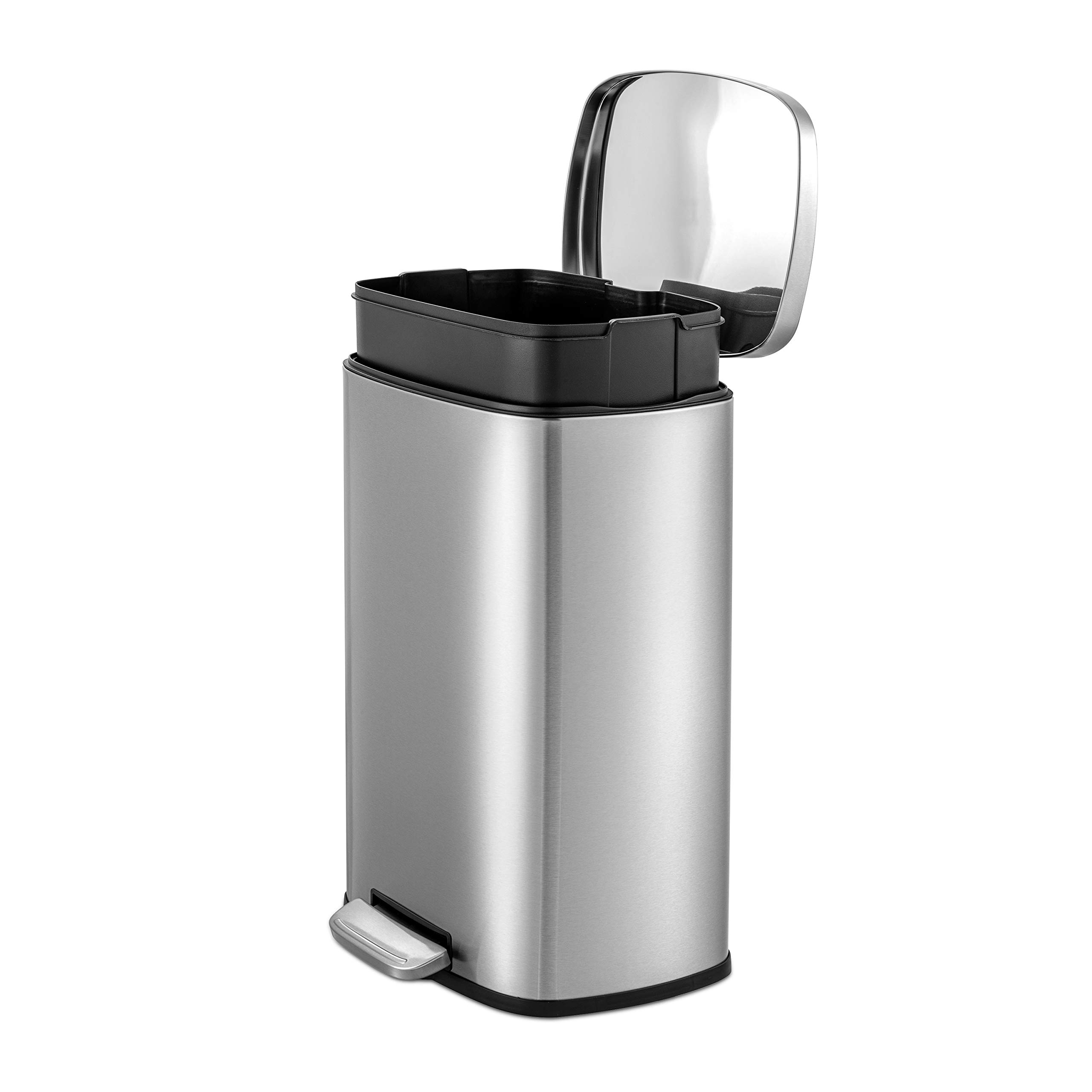 QUALIAZERO 50L/13Gal Stainless Steel Commercial/Kitchen Step Trash Can & 13 Gal Trash Bag Set, Soft Close Lid, Rectangle Shape (50L RECT & Bag)