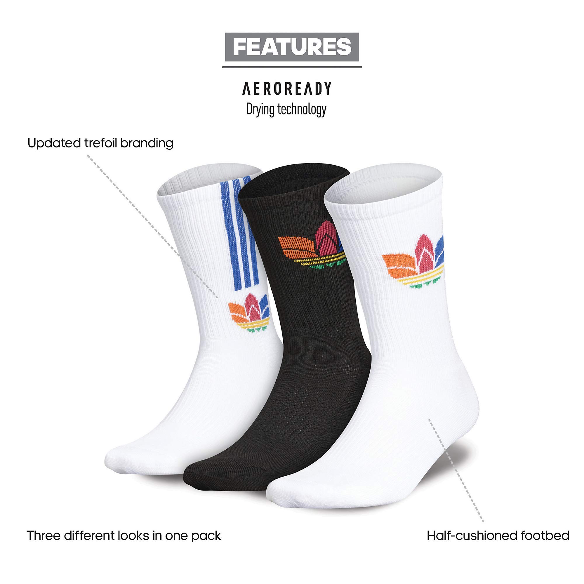 adidas Originals Mixed Graphics Cushioned Crew Socks (3-Pair) -Discontinued, White/Black/Energy Orange, Large