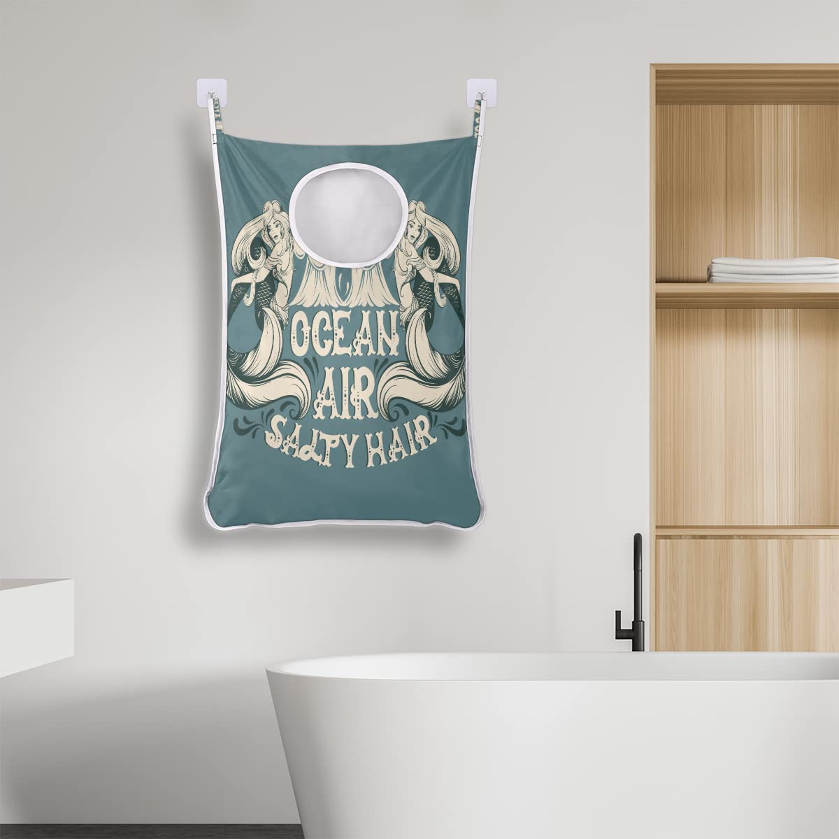 Ocean Mermaid Hanging Laundry Hamper large Wall Mounted Laundry Basket with Stainless Steel Hooks Laundry Room Organization and Storage Saving Space Over the Door Laundry Bag