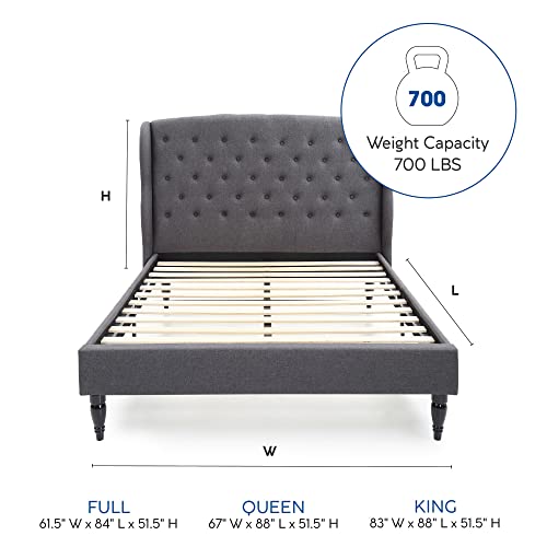 DeCoro Coventry Upholstered Platform Bed | Headboard and Metal Frame with Wood Slat Support | Grey, Queen Size