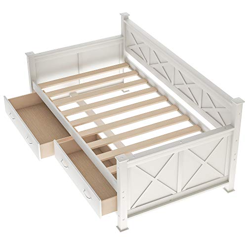 Bellemave Twin Daybed Frame with Storage Drawers,Wood Platform Beds Captain Sofa Bed for Kids,Bedroom,Living Room(Cream White)