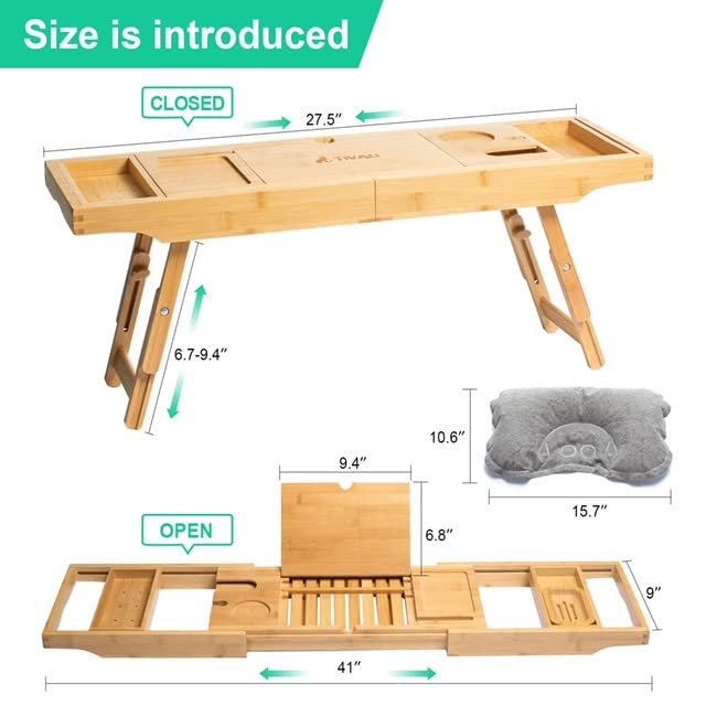 Bamboo Bathtub, Bed, Laptop Tray with Foldable Legs Adjustable Bath Caddy - Wine Glass and iPad Holder - Soap Tray & Bath Pillow Included.