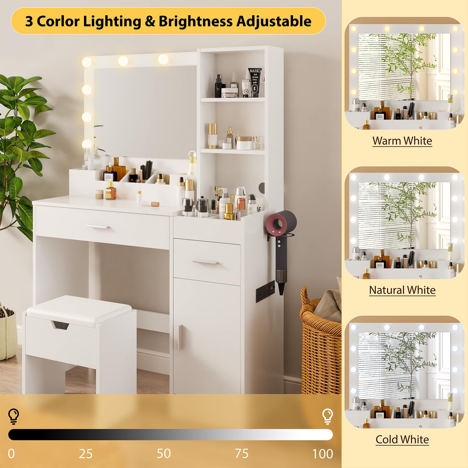 HAIOOU Vanity Desk with Mirror and Lights, White Makeup Vanity with Charging Station, Modern Dressing Table Chair Set with 2 Storage Drawers, 3 Lighting Modes Adjustable Brightness for Bedroom