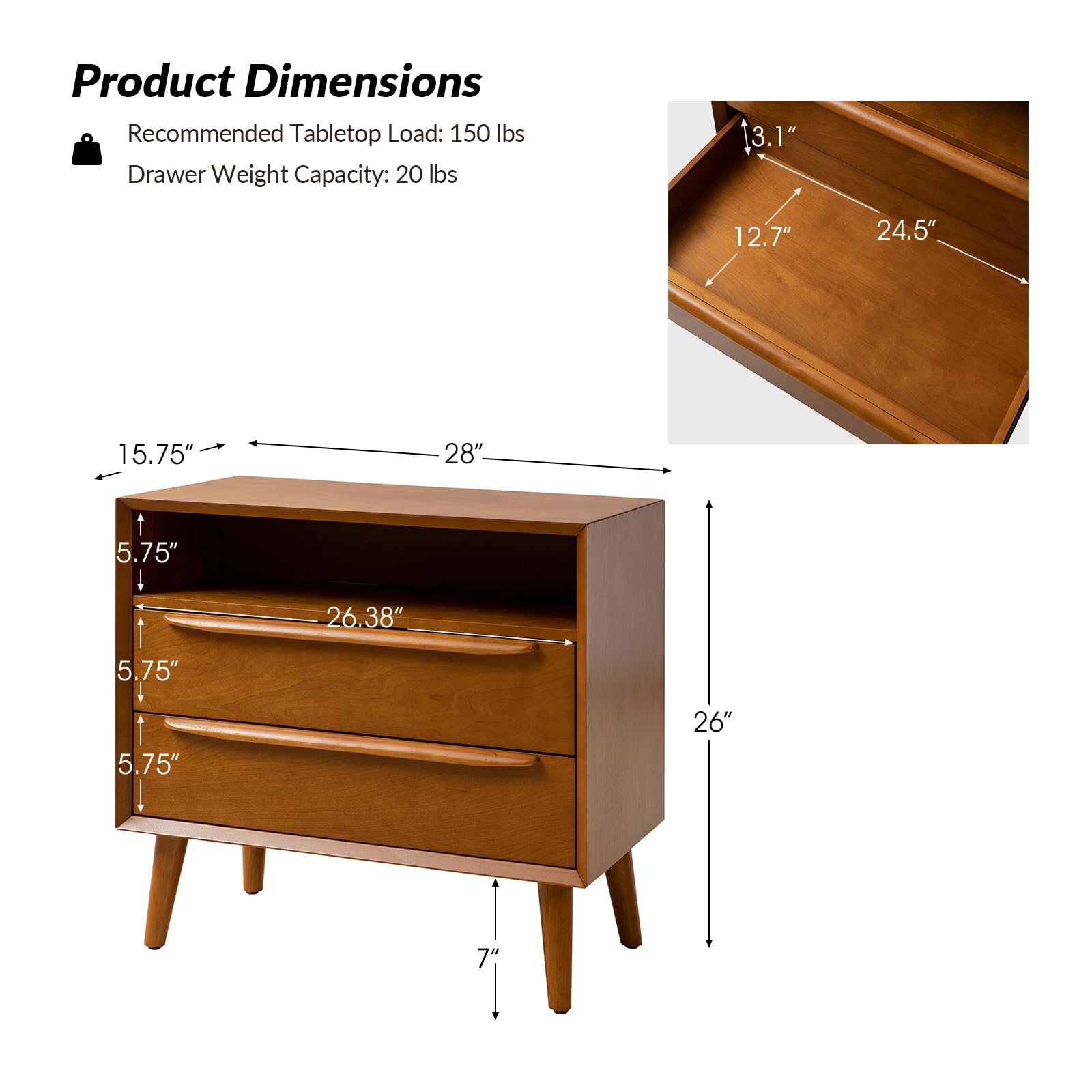 HULALA HOME Nightstand with Charging Station, Set of 2 Mid-Century Modern 2 Drawer and Open Shelf Dresser for Bedroom, Fluted Bedside Table, Acorn