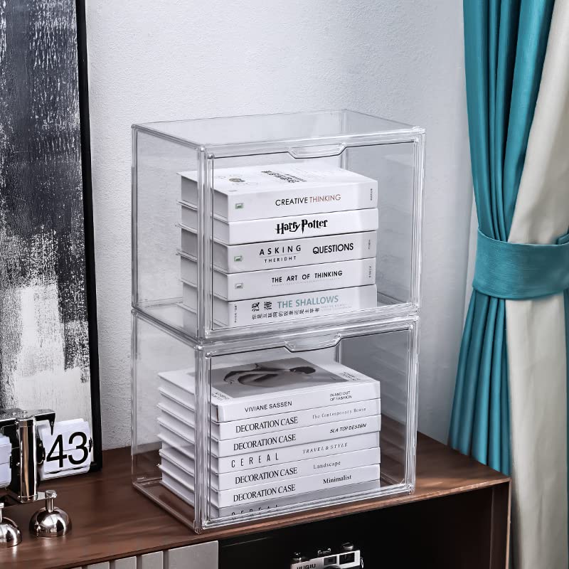BOHOIDEE 2PACKS Clear Book Storage Organizer for Bookshelf, Plastic Stackable Book Display Case with Magnetic Door, Acrylic Showcase for Toys Handbags, Shoes, Purses
