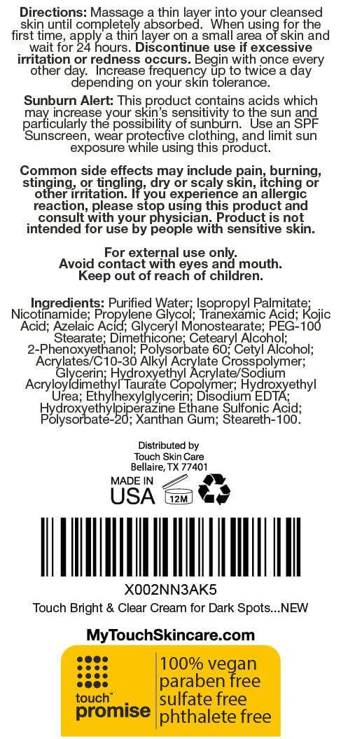 TOUCH Skin Bright Cream for Dark Spots on Face - Azelaic Acid with Kojic Acid, Tranexamic Acid, & Niacinamide β Age Spot, Sun Spot, and Melasma