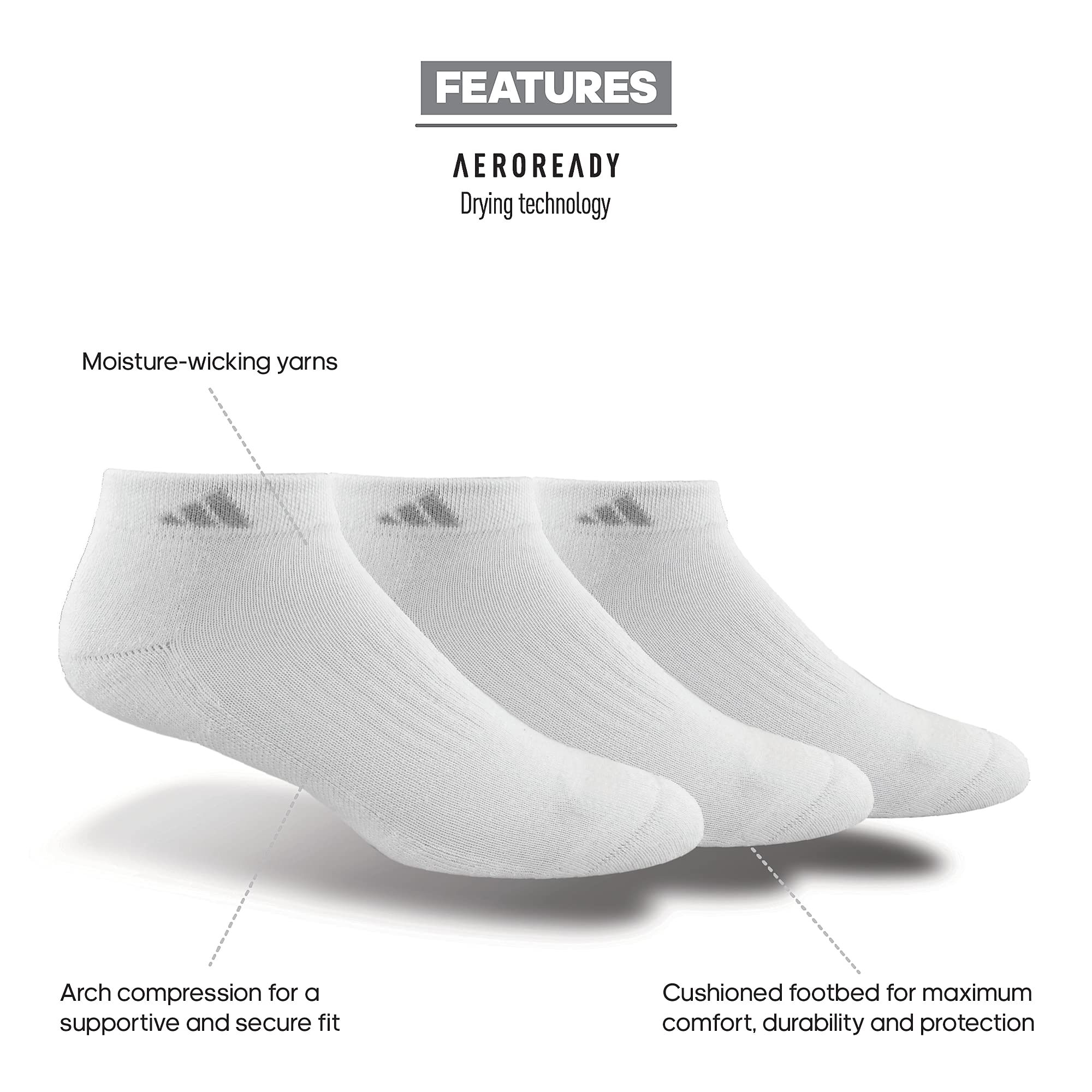 adidas Women's Cushioned II 3-Pack Low Cut, White/Clear Onix Grey, Medium